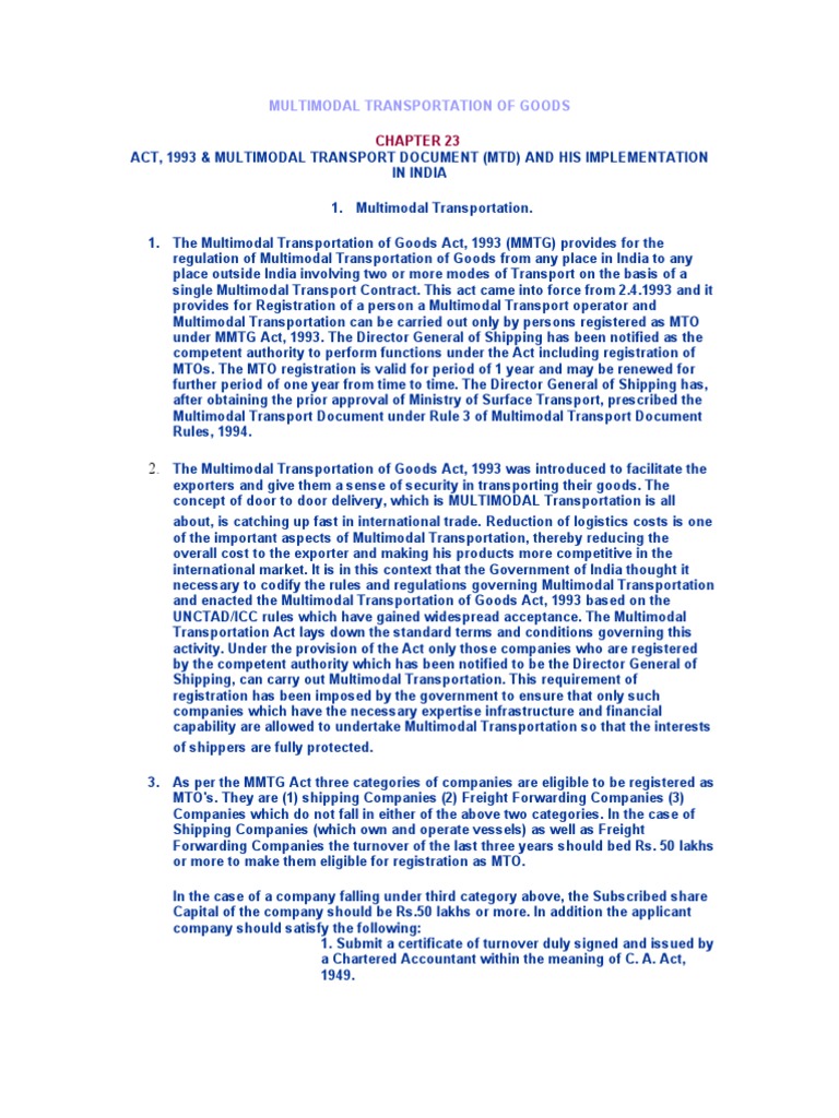 Regulation of Multimodal Transportation in India Through the Multimodal ...