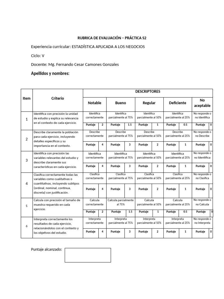 Rubrica de Evaluaci N S2 y PR Ctica Califica S2-1 | PDF | Determinación del tamaño de la muestra ...