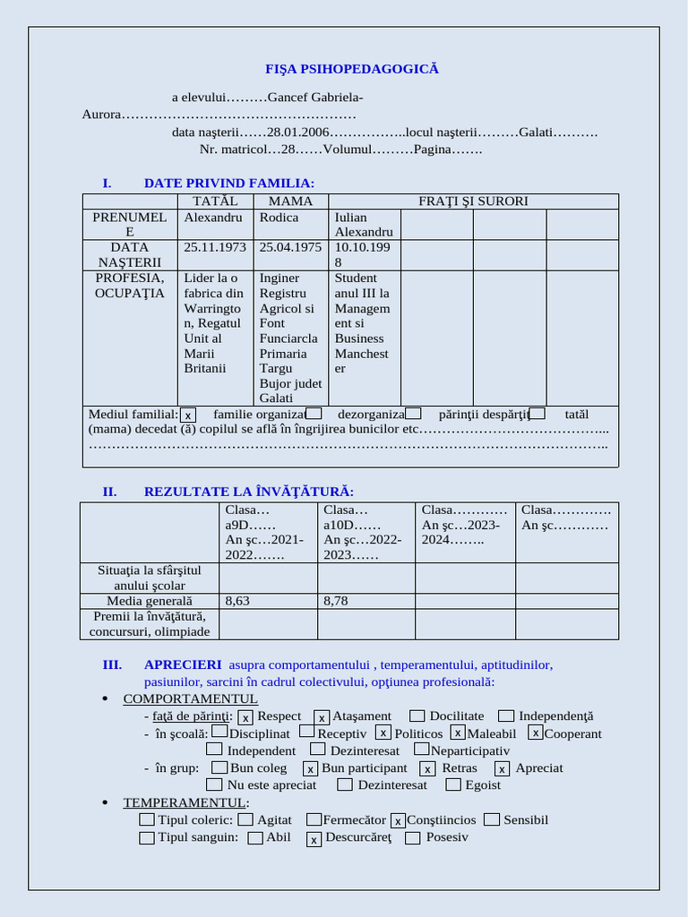 Fisa Psihopedagogica 2 | PDF