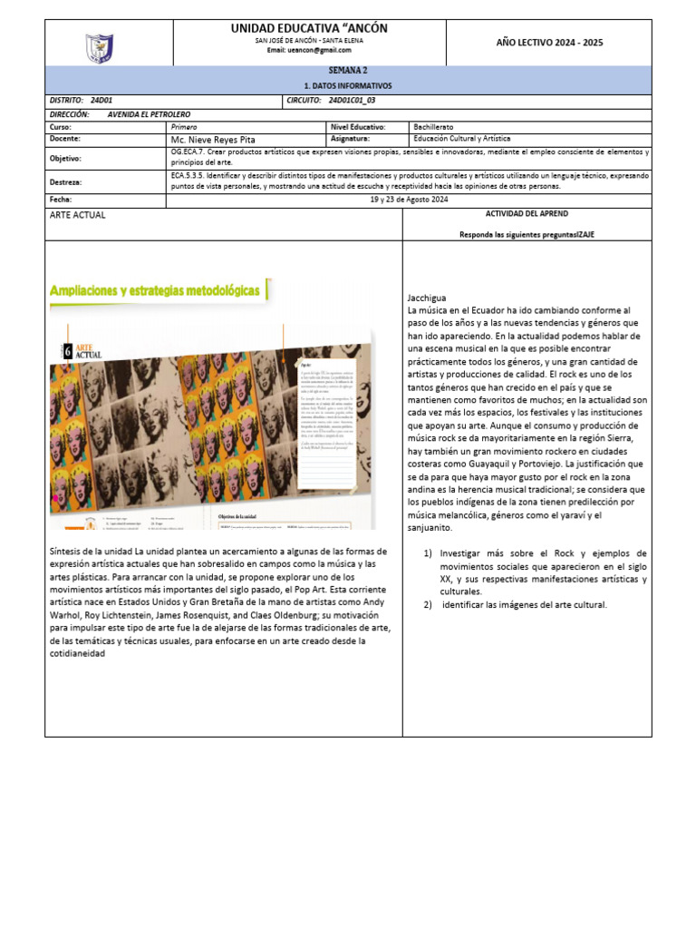 FICHA arte actual ECA 2do trimestre 2da. semana- | PDF