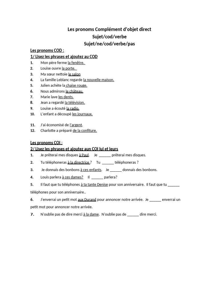 Exercices sur les pronoms COD et COI | PDF