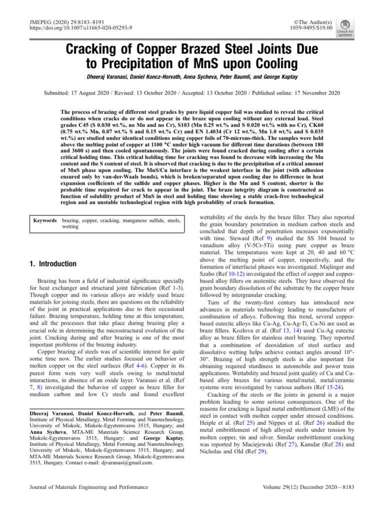 Cracking of Copper Brazed Steel Joints Due To Precipitation of Mns Upon ...