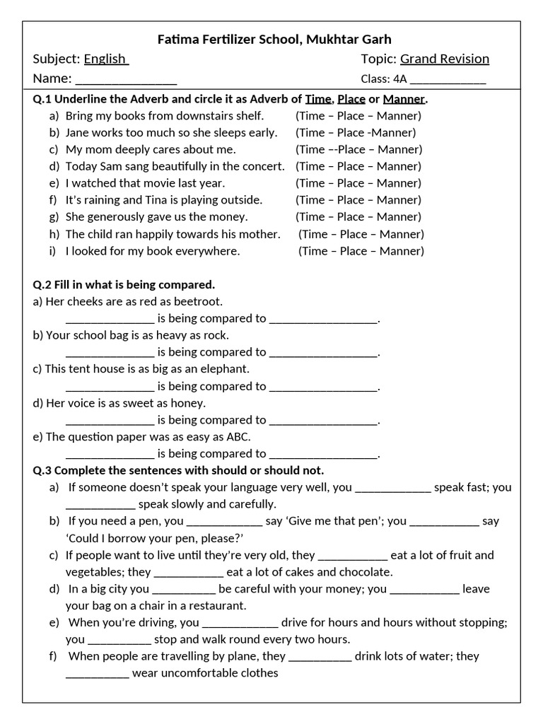 Grand Revision Englisg Grade 4 | PDF