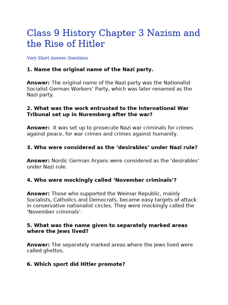 Class 9 History Chapter 3 Nazism and The Rise of Hitler | PDF