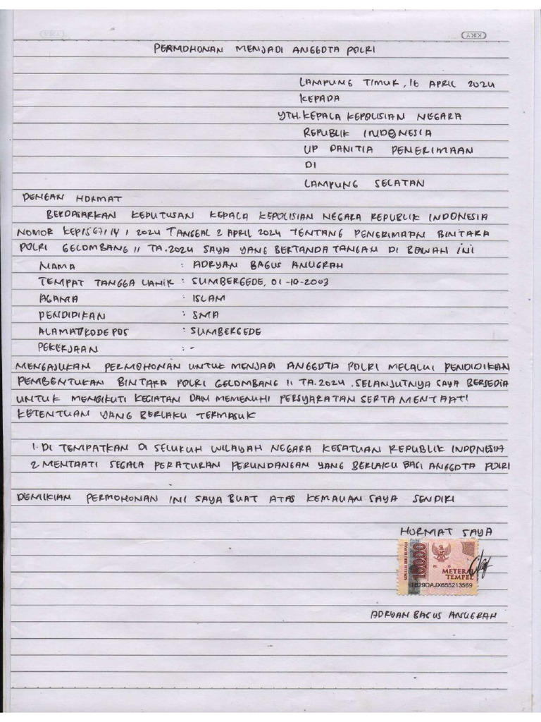 Adryan Surat Permohonan Anggota Polri | PDF