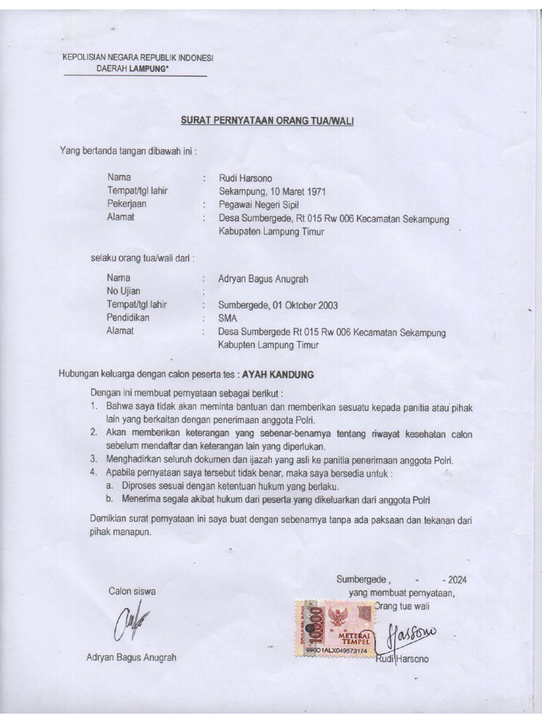 Adryan Surat Pernyaan Orangtua Wali | PDF