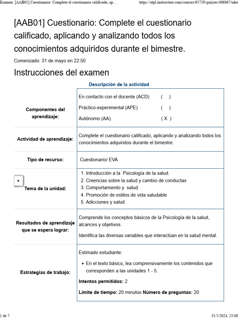 Examen (AAB01) Cuestionario Complete El Cuestionario Calificado ...