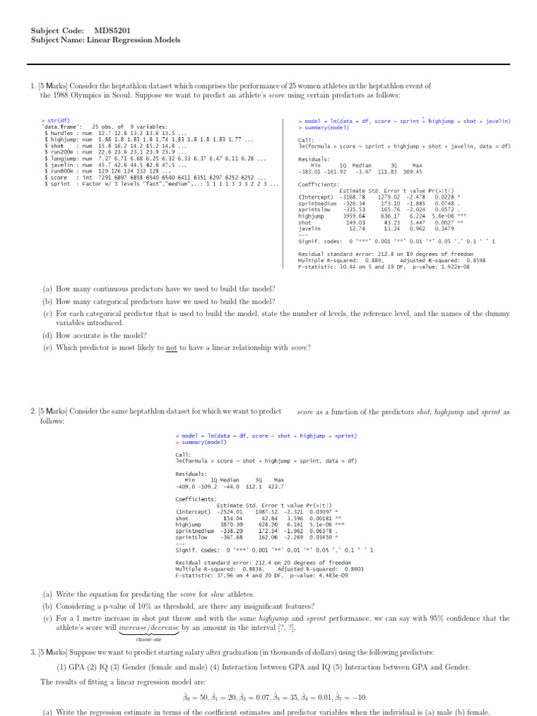 Linear Regression Models Graded Assignment | PDF