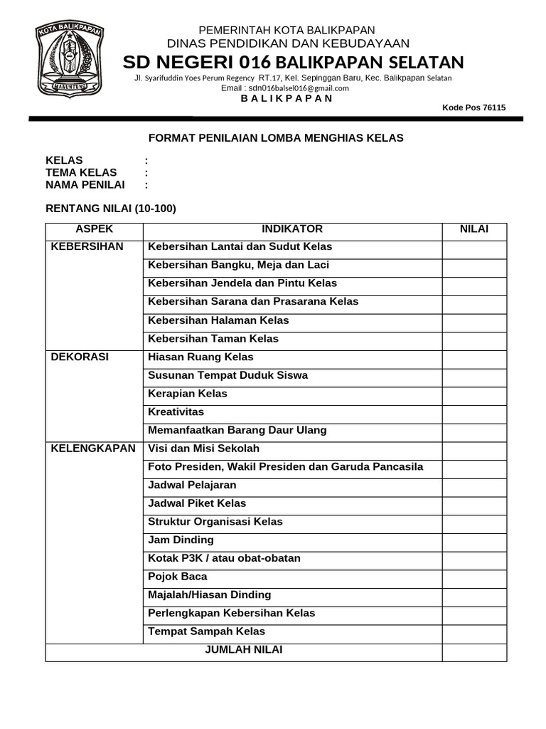 FORMAT PENILAIAN LOMBA MENGHIAS KELAS | PDF