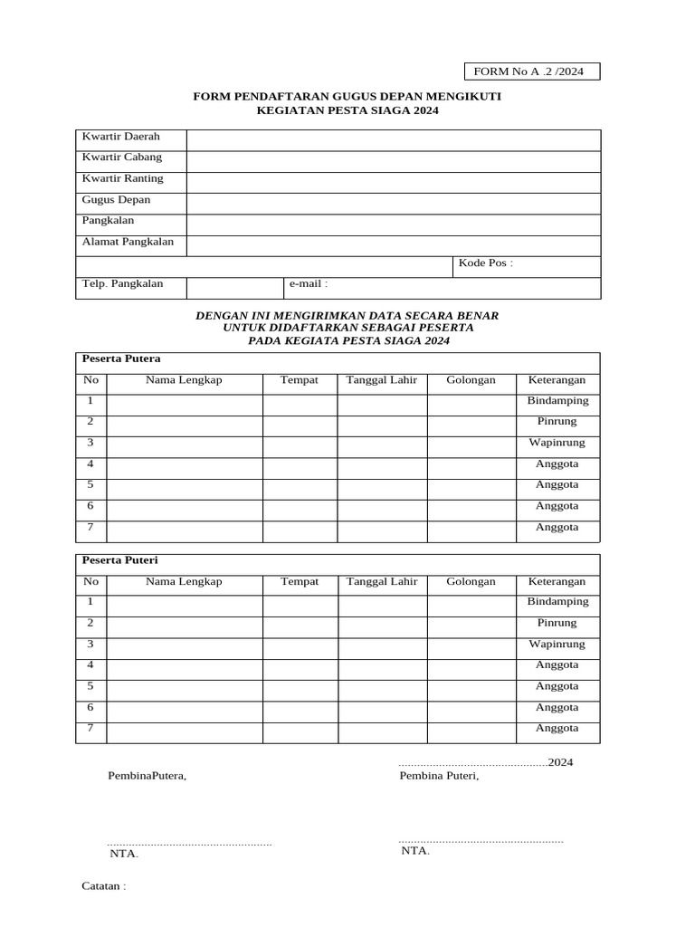 Form A.2 Pendafataran Pesta Siaga 2024 | PDF