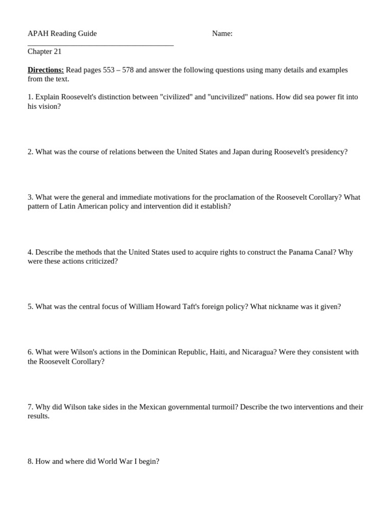 APAH Chapter 21 Reading Guide 2015-2016 | PDF | William Howard Taft ...