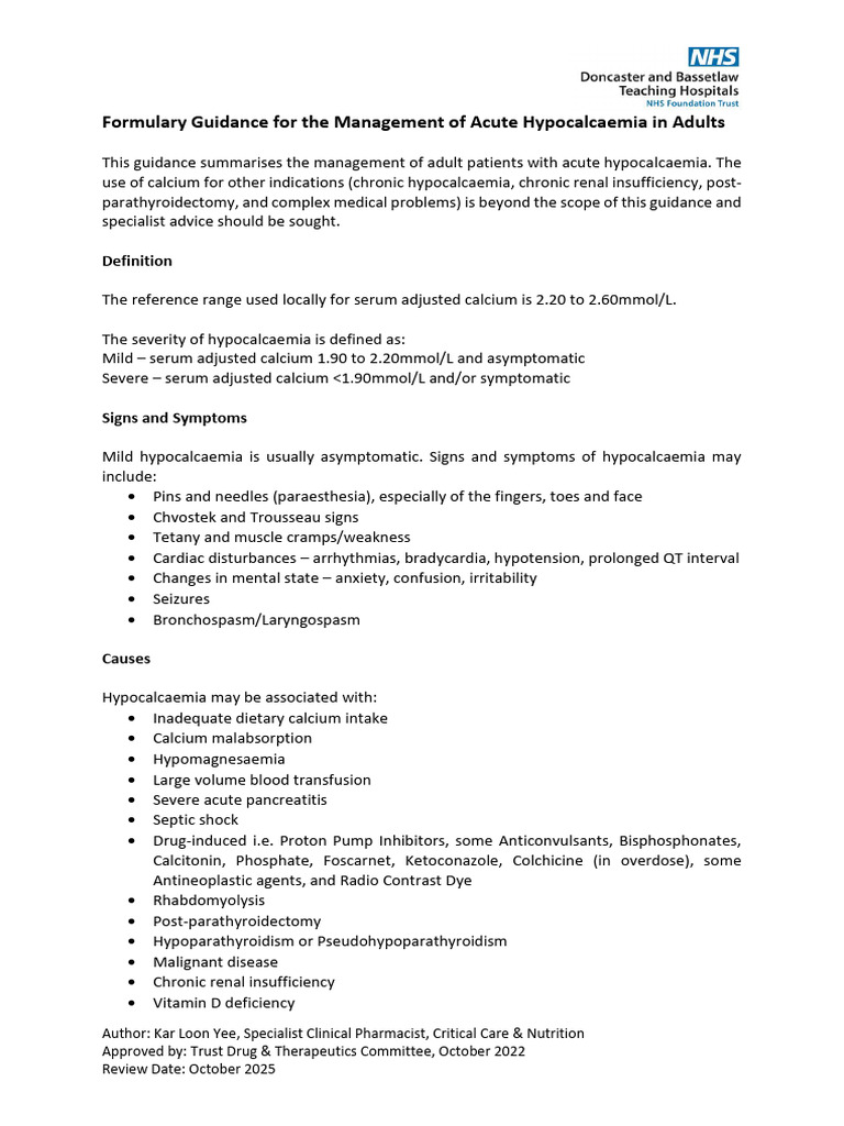 Formulary Guidance For The Management of Acute Hypocalcaemia in Adults ...