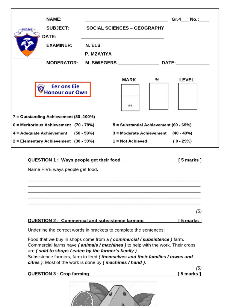 Grade 4 - Geography Test - Term 3 - 2024 | PDF