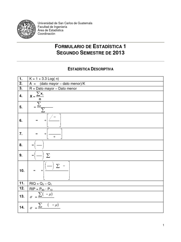 Formulario de Estadistica 1 Bueno | PDF