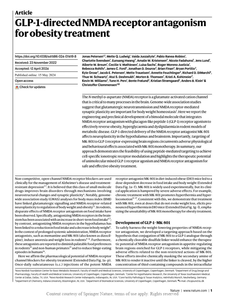 NATURE - GLP-1-Directed NMDA Receptor Antagonism For Obesity Treatment (Petersen Et Al., 2024) | PDF