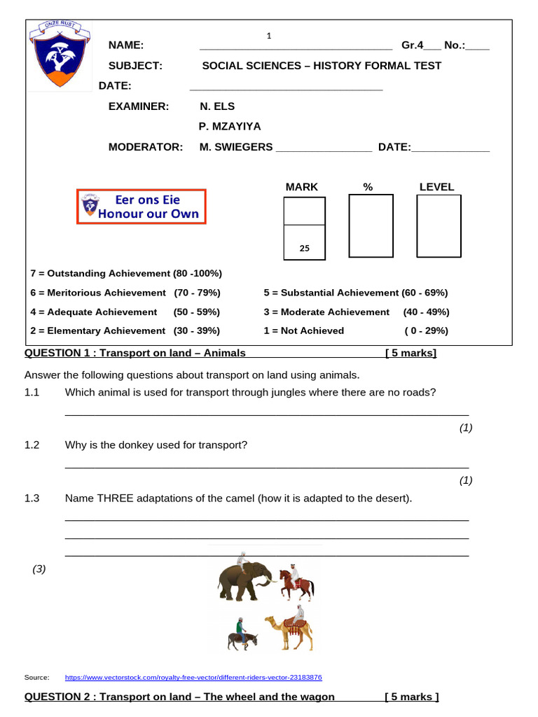 Grade 4 - History Test - Term 3 - 2024 | PDF