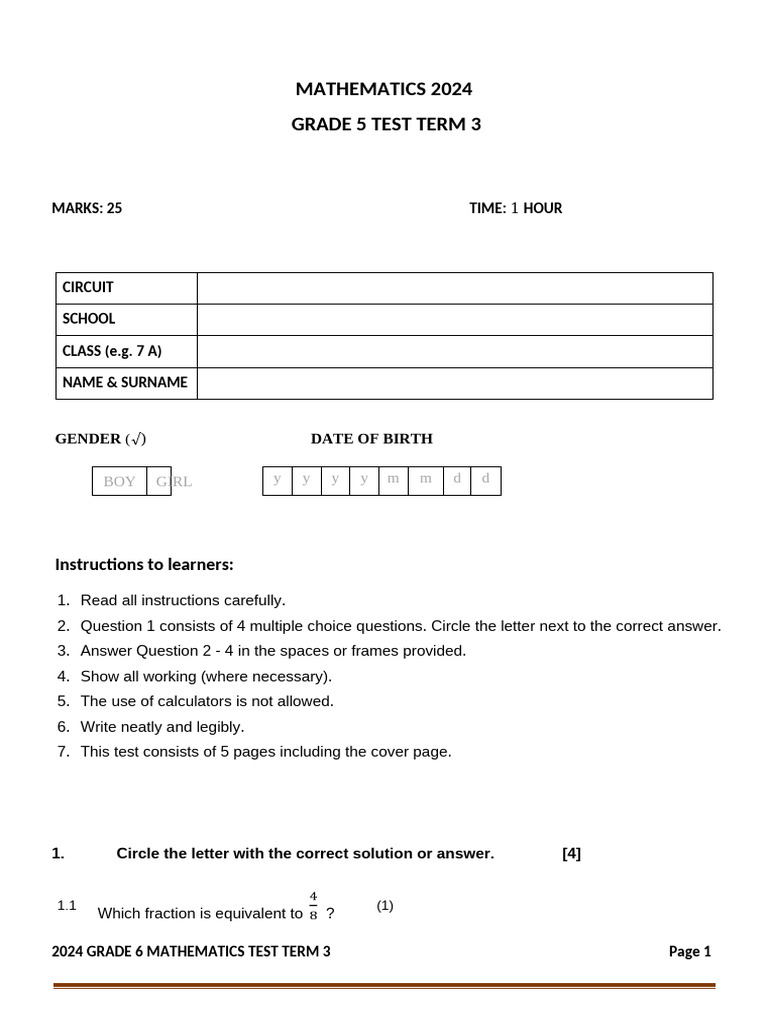 Grade 5 Mathematics Test Term 3 2024 | PDF