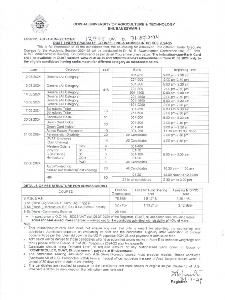 Ouat Under Graduate Counselling and Admission Notice 2024-25-1 | PDF