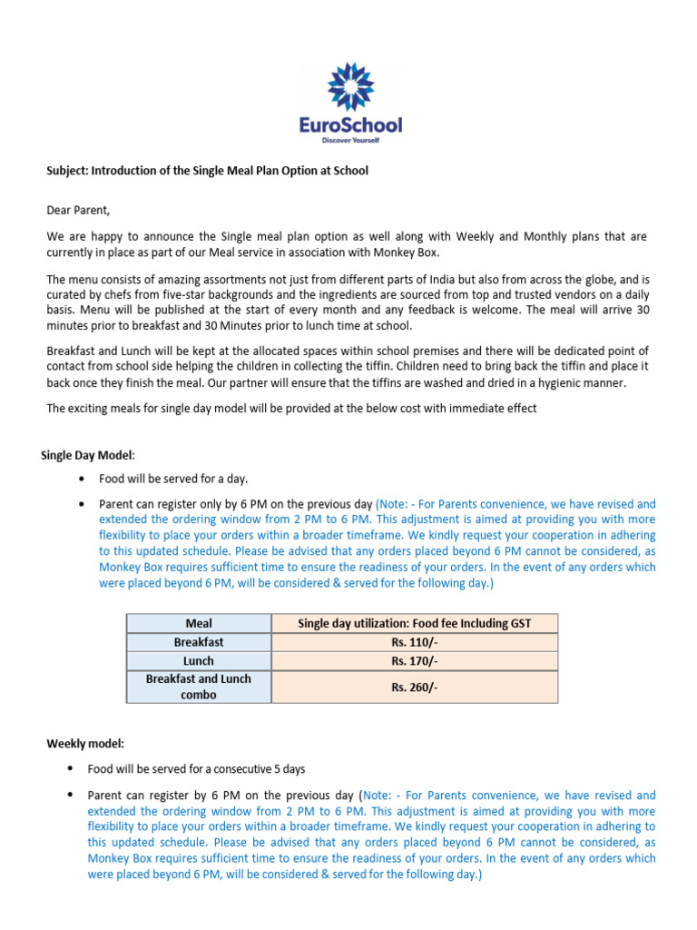 Meal Service Update at ES Whitefield | PDF