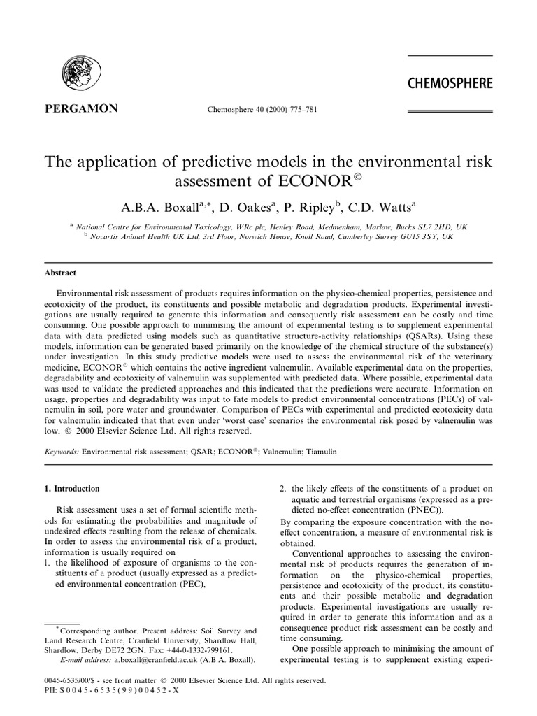 The Application of Predictive Models in The Environmental Risk - 2000 ...