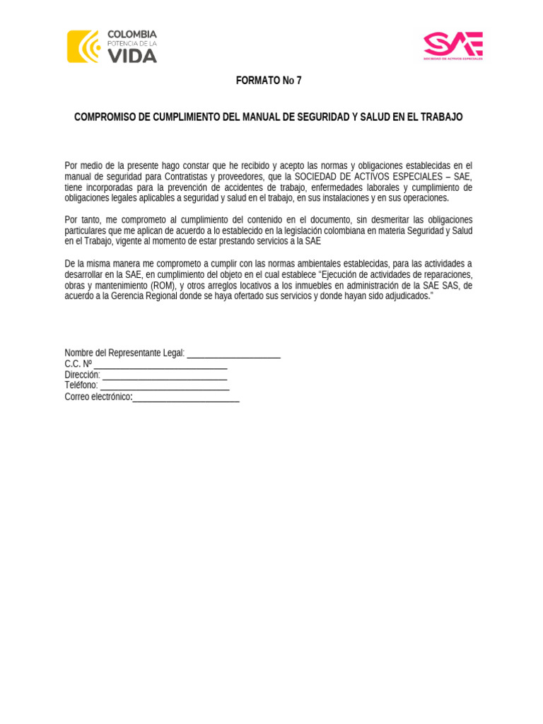 Formato No 7 COMPROMISO CON MANUAL DE SST Y MEDIO AMBIENTE | PDF