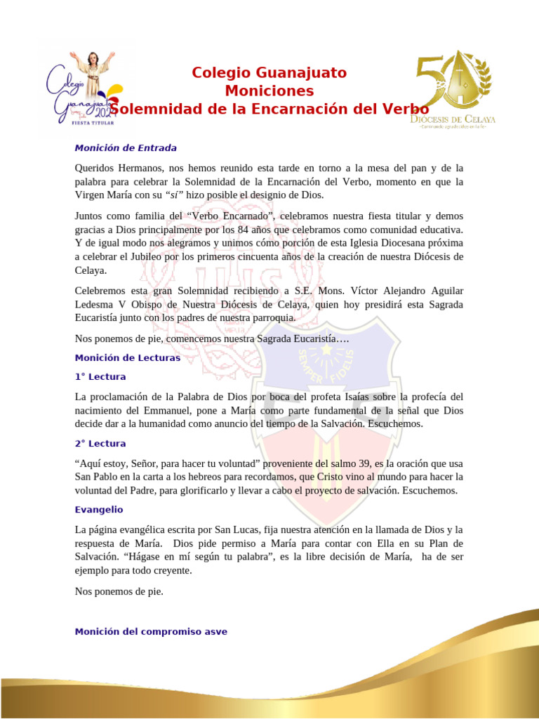 Moniciones Misa del Verbo Encarnado | PDF