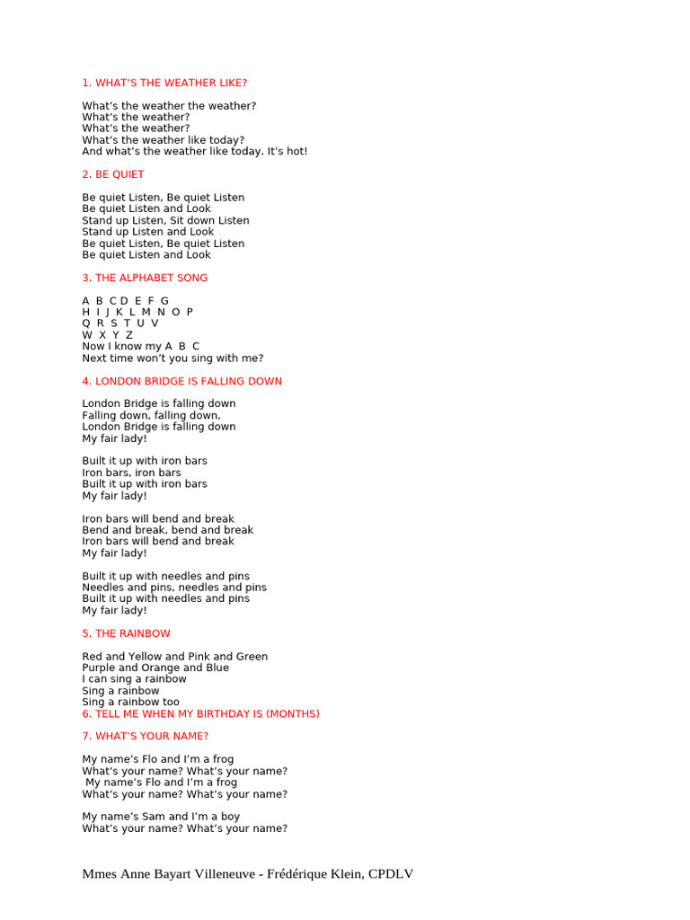 Paroles de Comptines Et Chansons en Anglais. CD Disponible À l'IA. | PDF