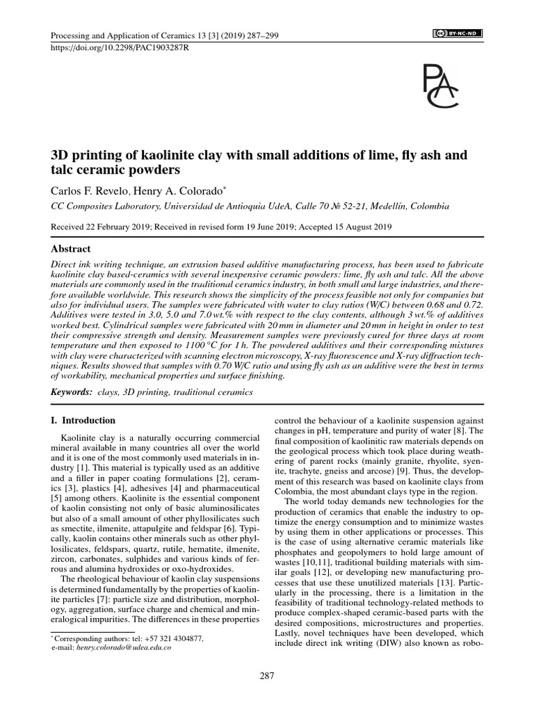 3D Printing of Kaoline Clay With Small Additions of Lime Fly Ash and ...