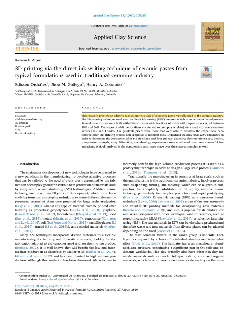 3D printing via the direct ink writing technique of ceramic pastes from ...
