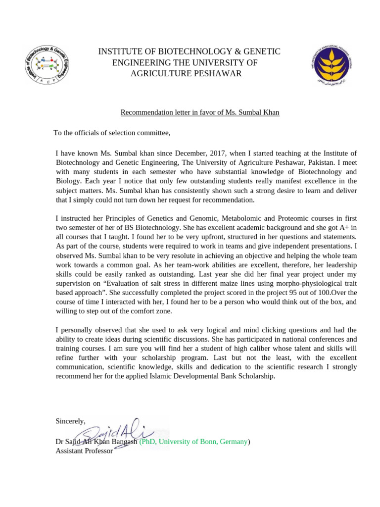 Recommendation letter for Ms Sana Bibi | PDF