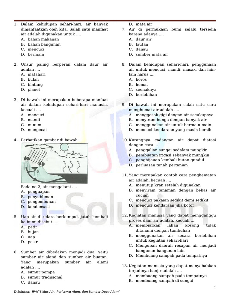 Soal Ipa Kelas 5 Semester 2 Siklus Air, Peristiwa Alam, Dan Sda | PDF