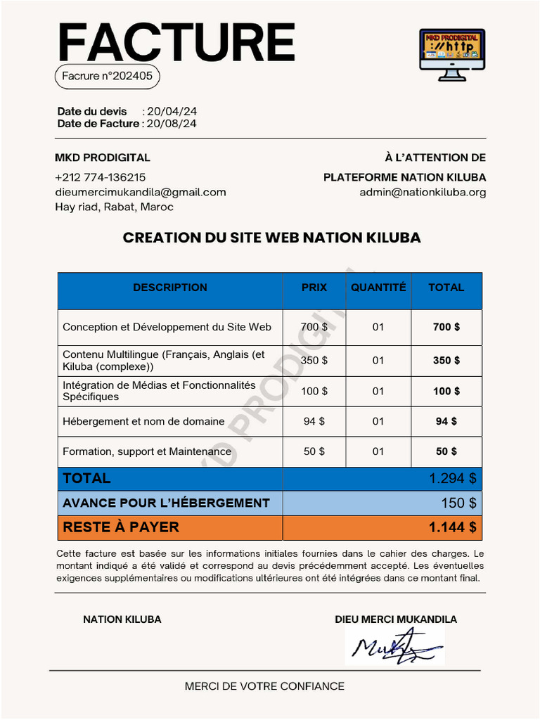 Facture de La Creation Du Site Web NK | PDF