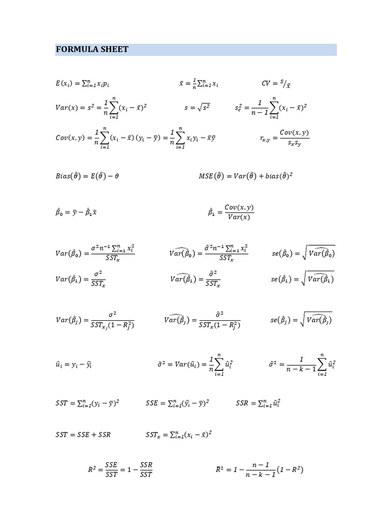 econometrics FORMULA SHEET -midterm | PDF econometrics FORMULA SHEET -midterm | PDF