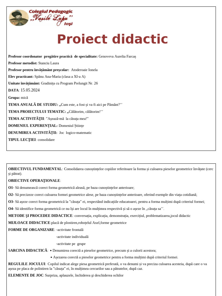 Proiect Didactic-Joc Matematic 15.05.2024 | PDF