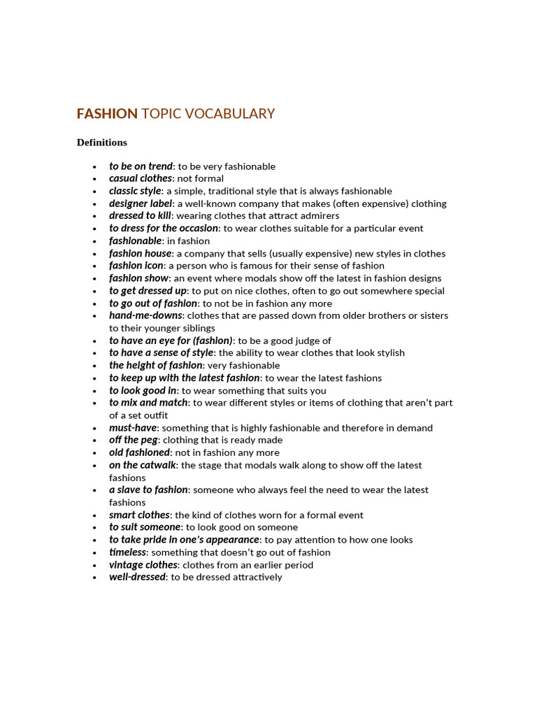 Fashion Topic Vocabulary | PDF