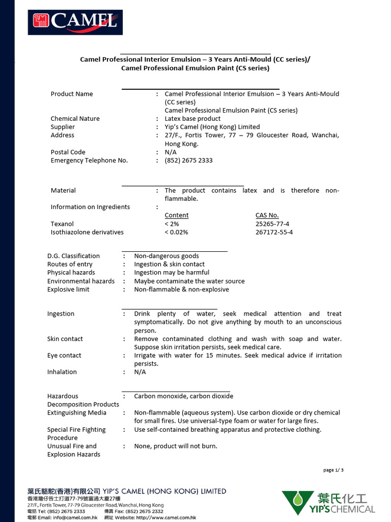 Camel Professional Emulsion Paint MSDS | PDF | Workplace | Materials
