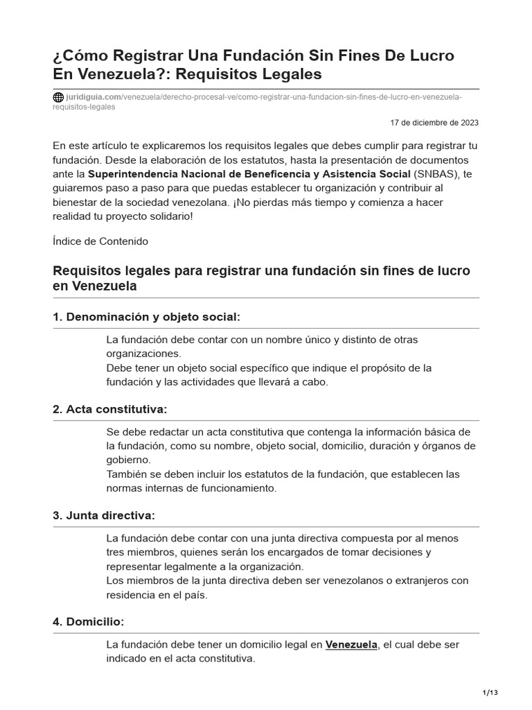 Cómo Registrar Una Fundación Sin Fines de Lucro en Venezuela Requisitos Legales | PDF