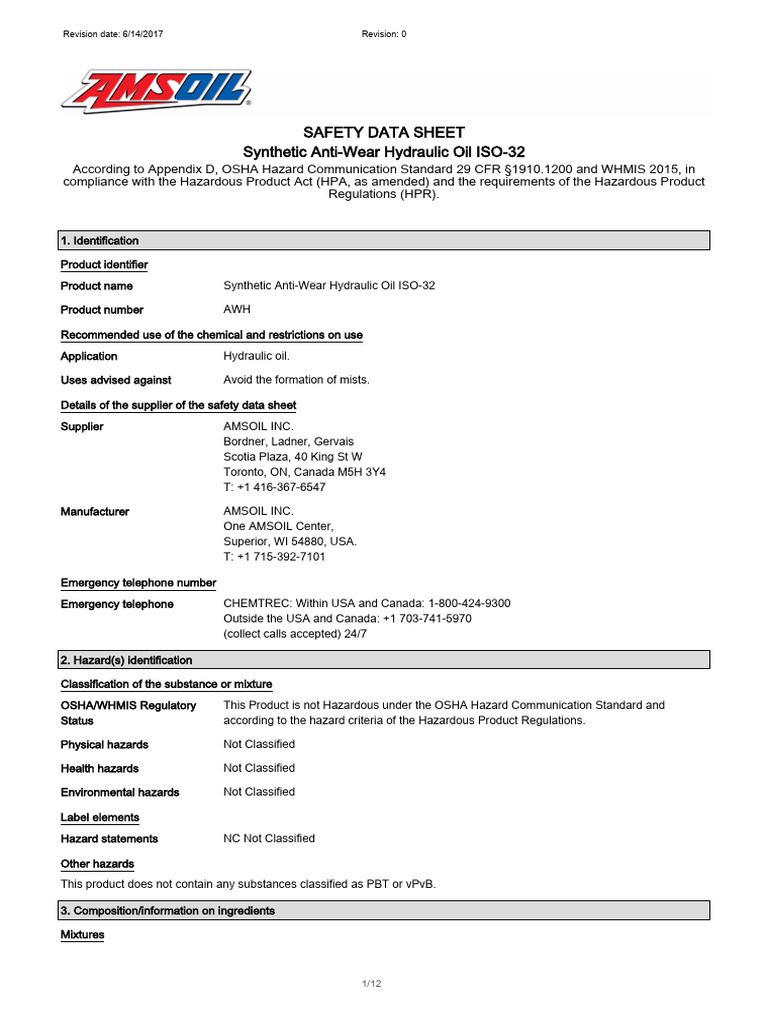 Synthetic Anti-Wear Hydraulic Oil ISO-32 SDS | PDF | Dangerous Goods ...