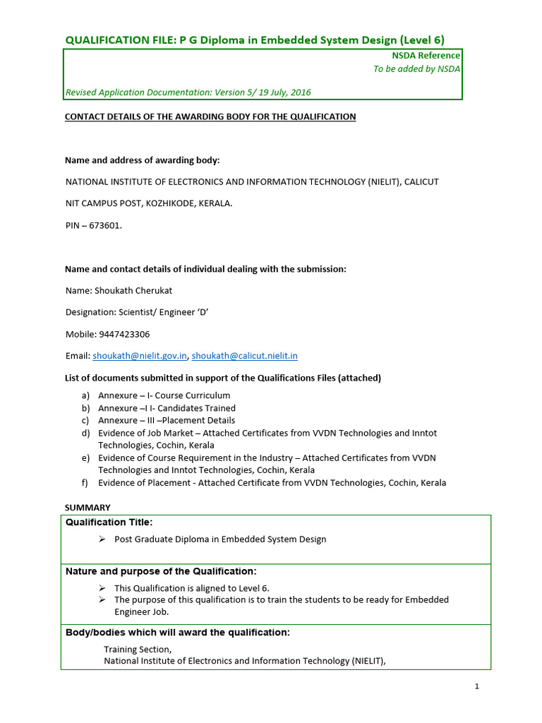 NSQF - P G Diploma in Embedded System Design - Qualification File | PDF