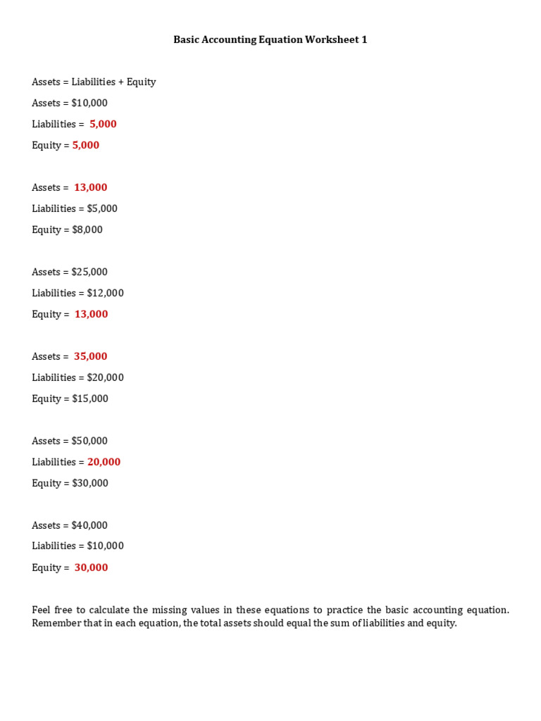 Basic Accounting Equation Worksheets | PDF