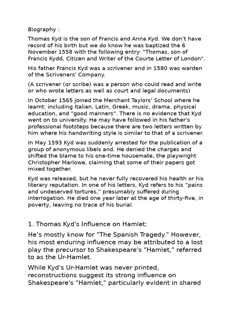 Quick Biography Thomas Kyd Hamlet | PDF