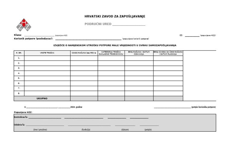Izvjesce o Namjenskom Utrosku Potpore Za Samozaposljavanje | PDF