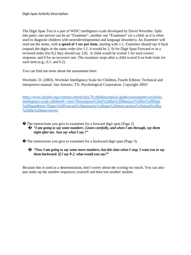Digit Span Activity Description | PDF