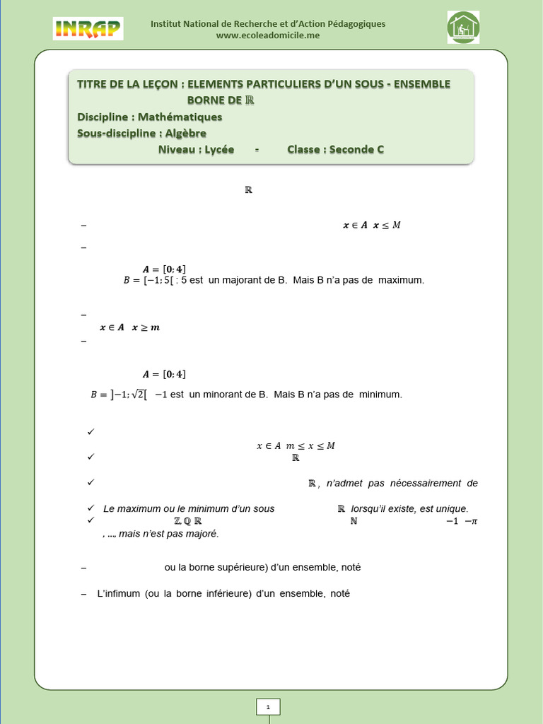 MATHS - 2nde C - ELEMENTS PARTICULIERS DUN SOUS - ENSEMBLE BORNE DE R | PDF