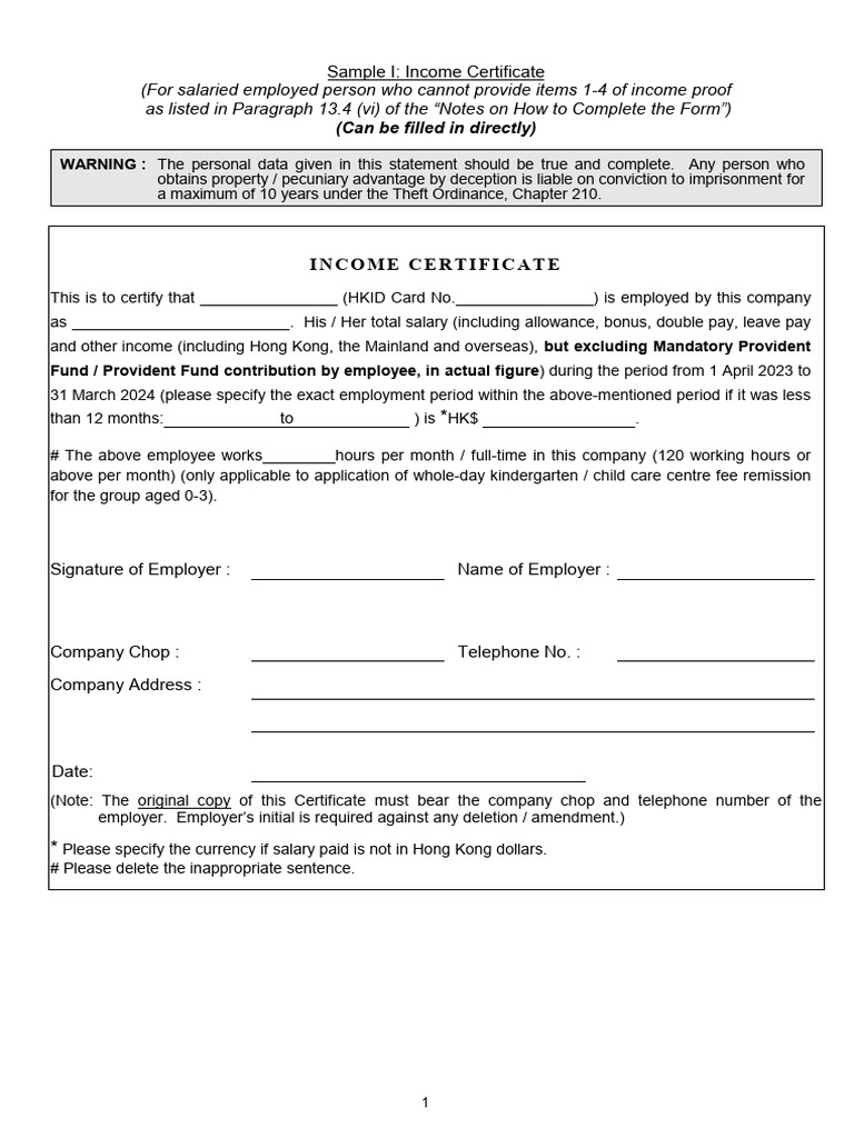 Sample Sheet 1 - Income Certificate (Eng) | PDF