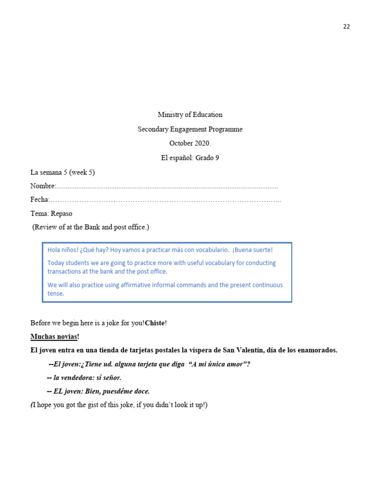 Grade 9 Spanish Week 5 Exercises | PDF