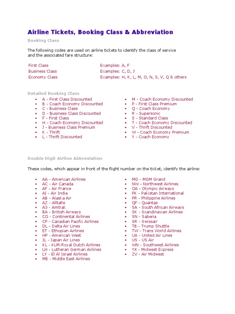 Airline Ticket Class Abbreviations Guide | PDF | Business Class | Airlines