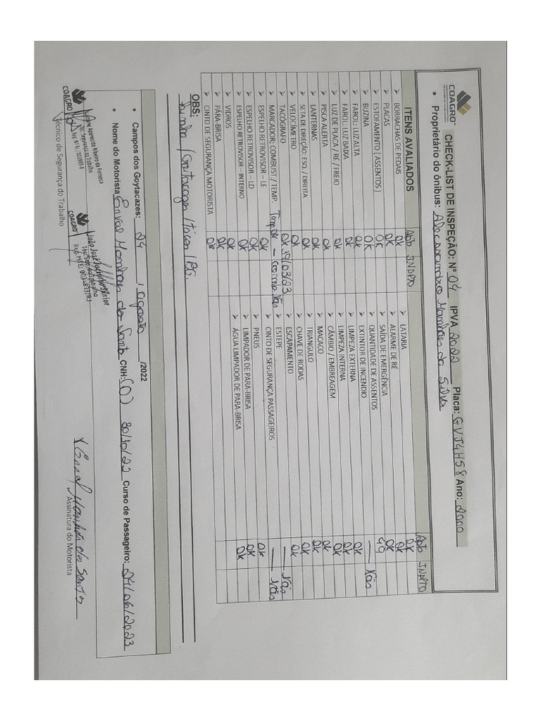 CHECK LIST ONIBUS - PLACA GVJ4H58- 24-08-2022. | PDF