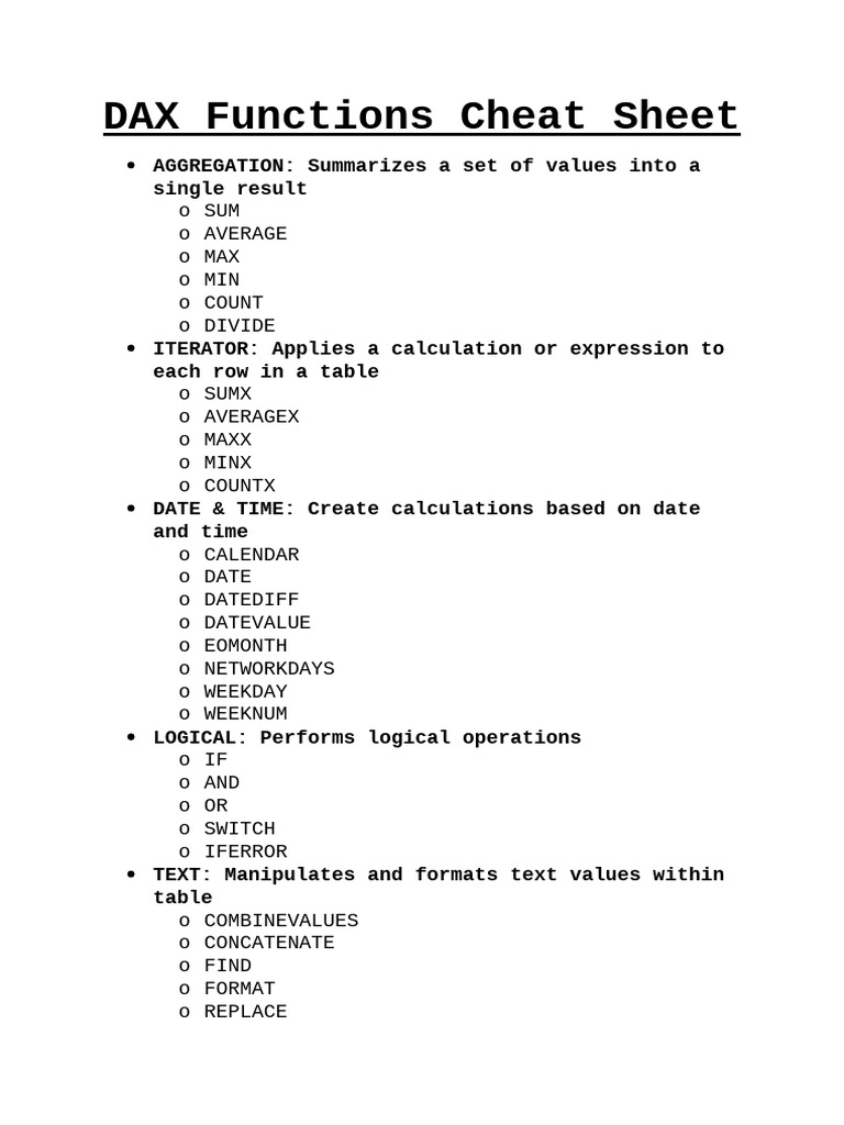 DAX Functions Cheat Sheet | PDF | Computers DAX Functions Cheat Sheet | PDF | Computers