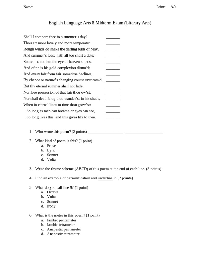 Midterm Exam Without Paragraph (ELA8) | PDF